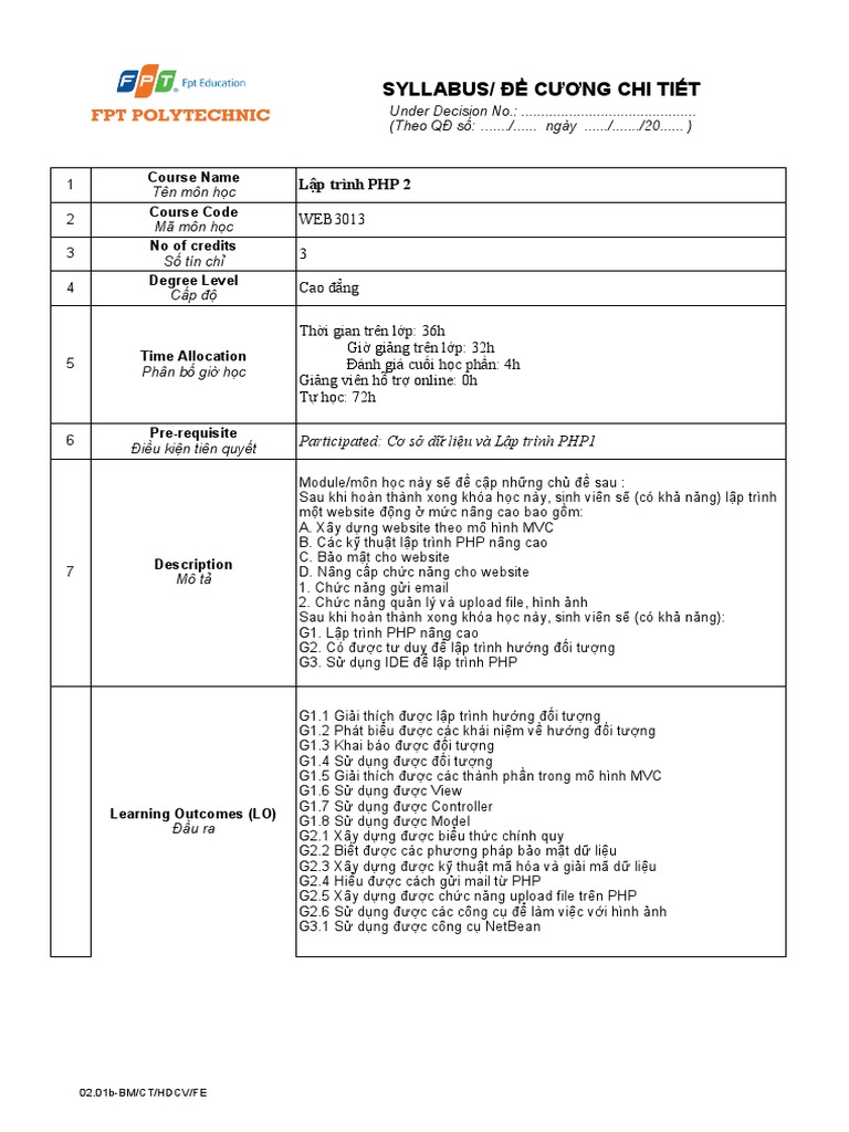 WEB3013 - Lap Trinh PHP 2 - Syllabus - SP18 | PDF