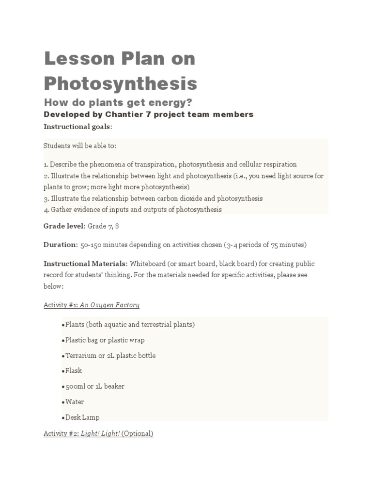 Lesson Plan On Photosynthesis | Download Free PDF | Photosynthesis | Plants