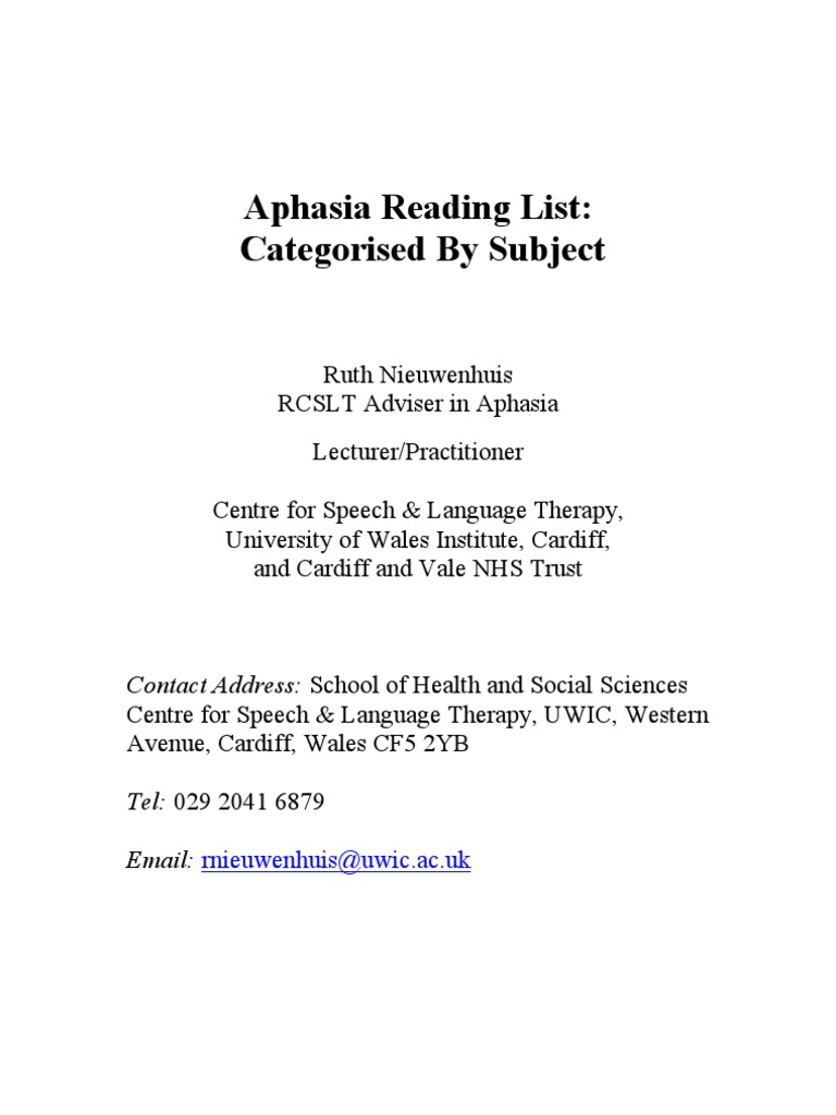 Aphasia Reading List | PDF | Aphasia | Dyslexia