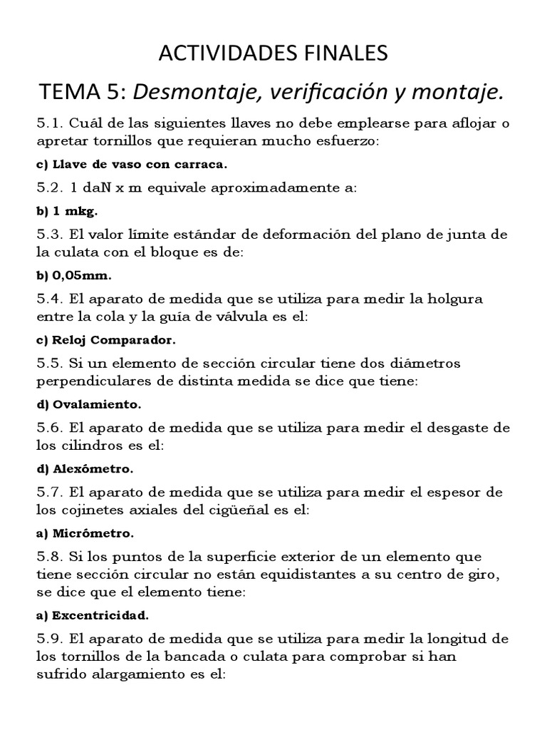 Desmontaje verificación y montaje de motores: actividades finales tema 5 | PDF
