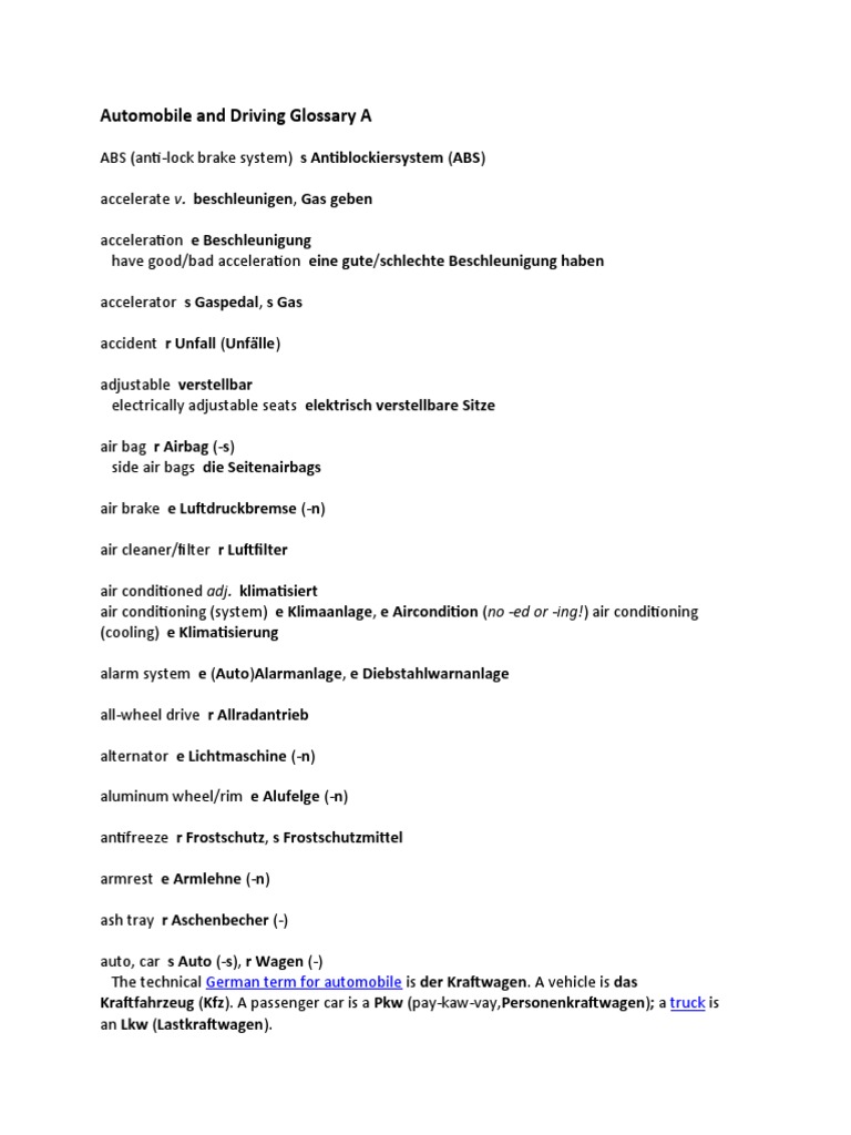 German Vocabulary Cars and Driving | PDF