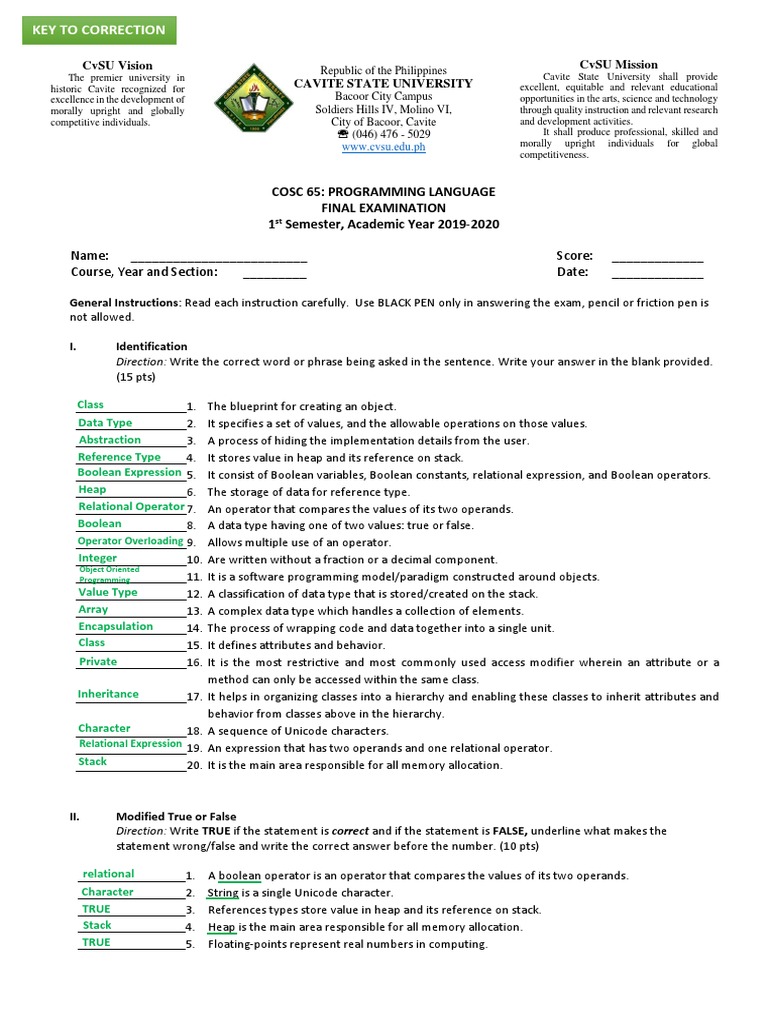 02.final Examination Answer Key | Download Free PDF | Data Type | Class (Computer Programming)