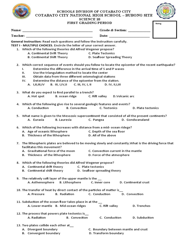 1ST Quarter Exam - in Science 10 | PDF | Plate Tectonics | Earth