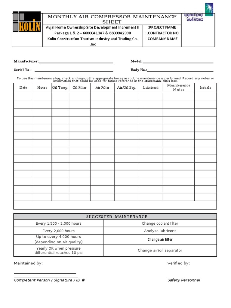 Air Compressor Maintenance Log Sheet | PDF