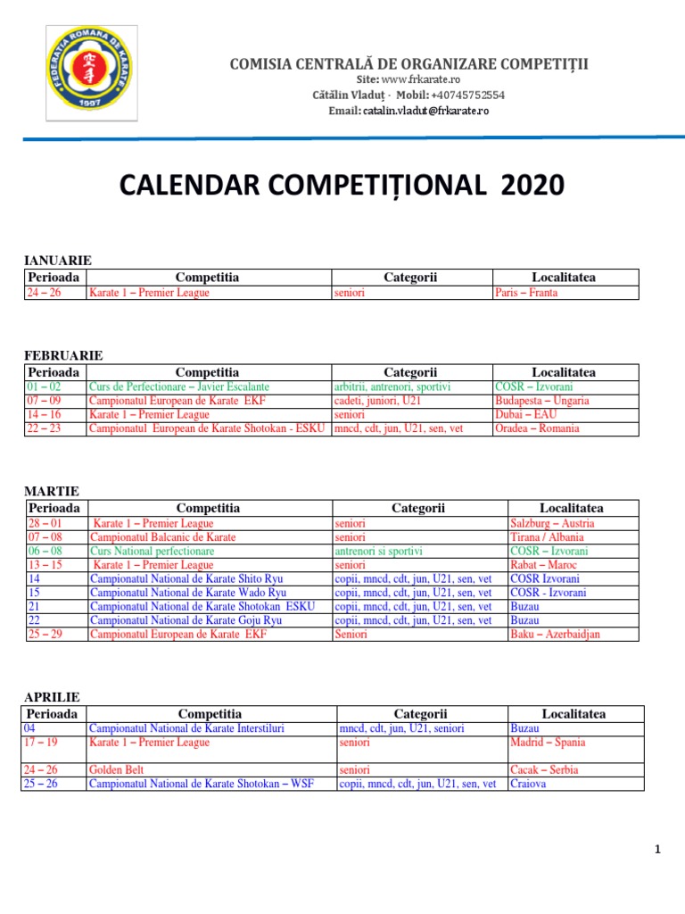 Calendar Competitional FR KARATE Pentru Anul Competitional 2020 | PDF ...