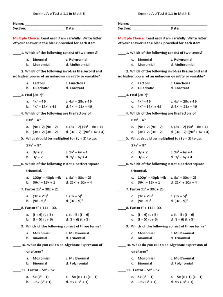 Summative Test # 1.1 | PDF | Variable (Mathematics) | Polynomial