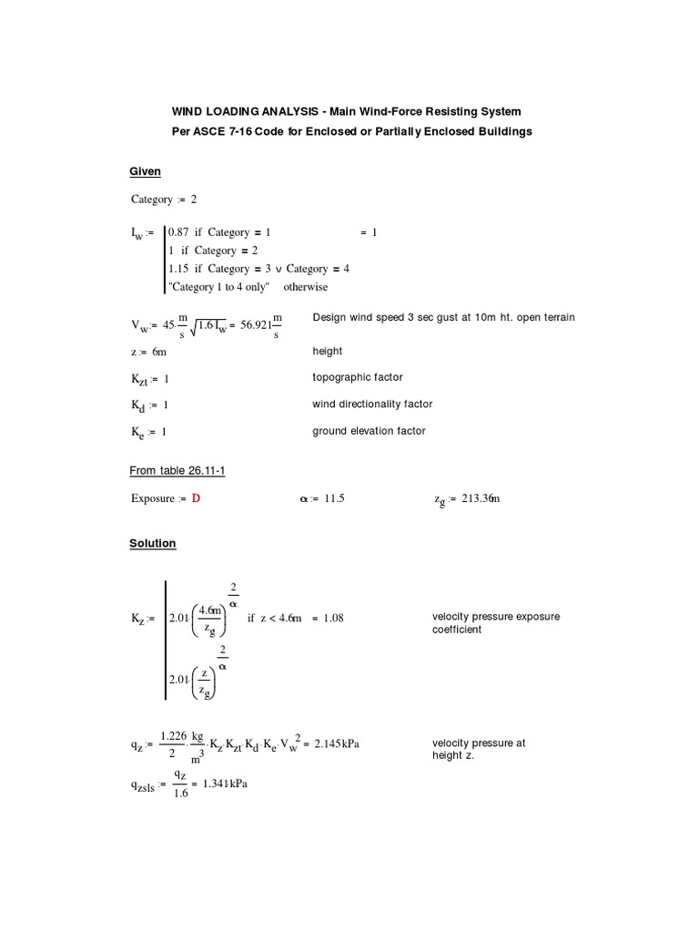 Mathcad - ASCE 07-16 Wind Load Pressure On Solid Freestanding Wall PDF ...
