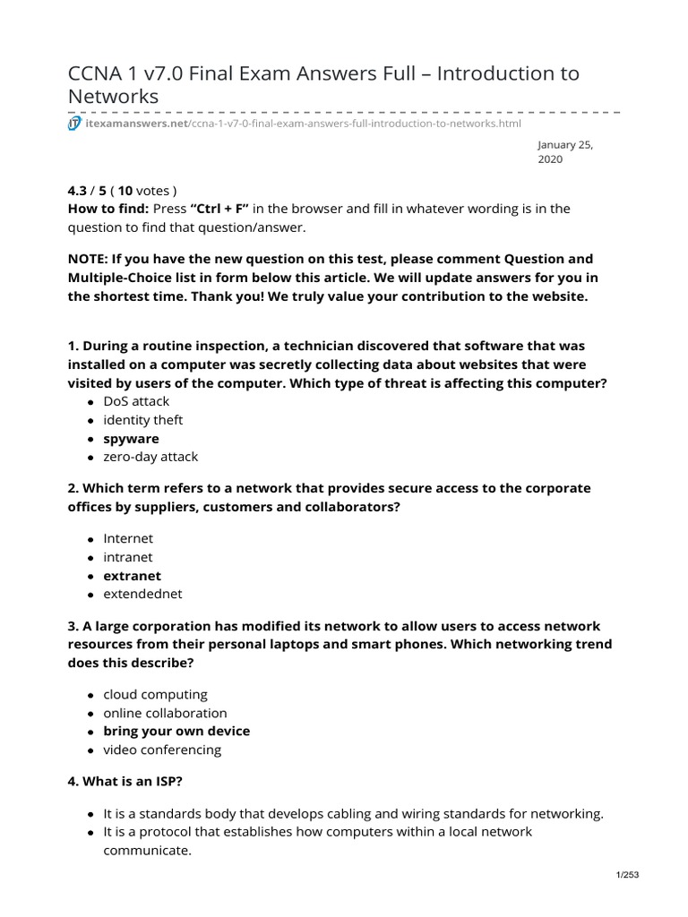 CCNA 1 v70 Final Exam Answers Full Introduction To Networks | PDF | Internet Protocol Suite ...