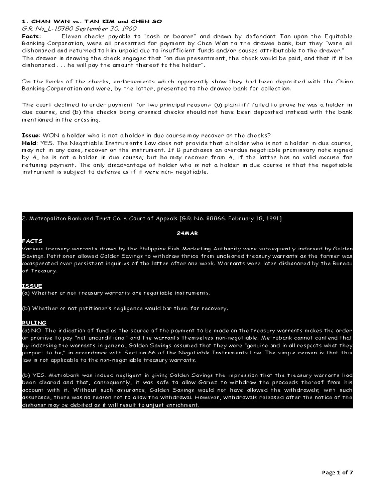 Nego Case Digests | PDF | Cheque | Promissory Note
