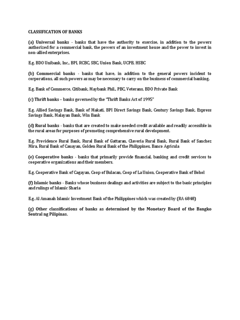 Classification of Banks | PDF