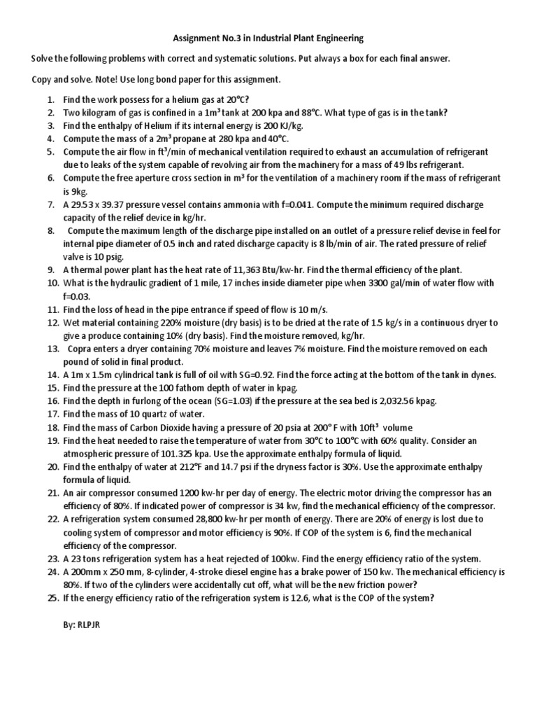 Assignment No.3 Industrial Plant Engineering | PDF | Pressure | Engines