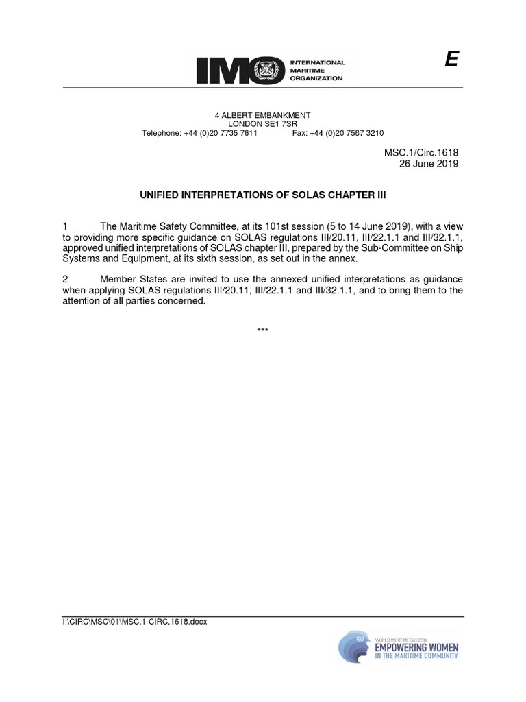 MSC.1-Circ.1618 - Unified Interpretations of Solas Chapter Iii (Secretariat) PDF | PDF