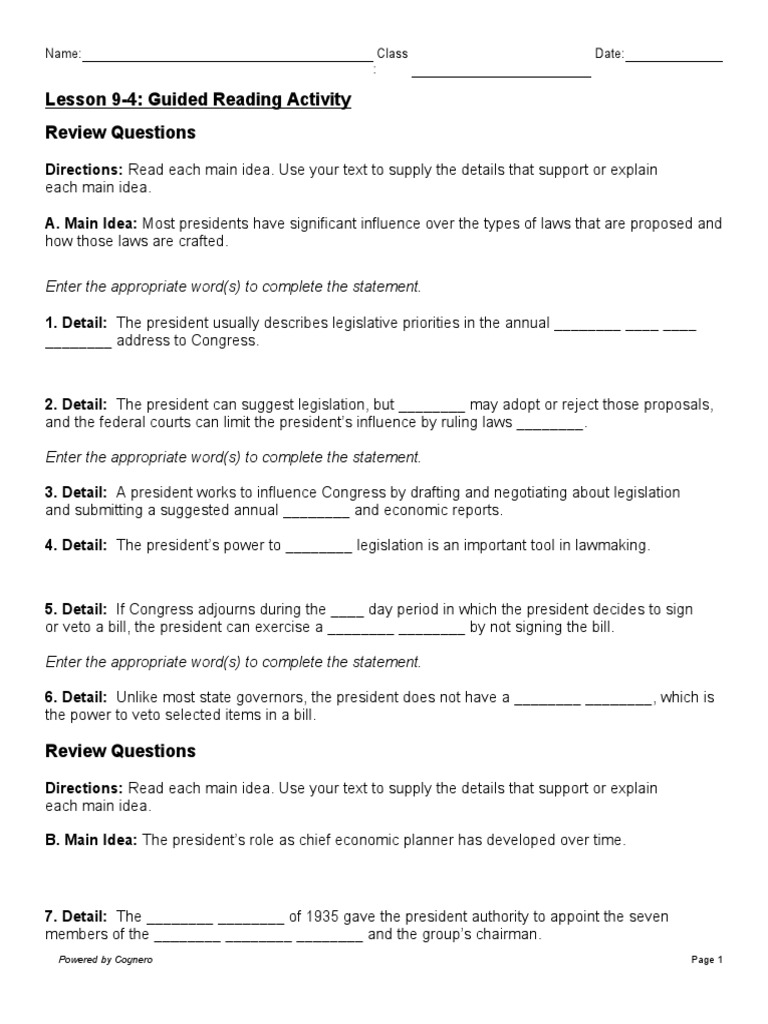The Presidency: Guided Reading Activity | PDF | Veto | United States ...