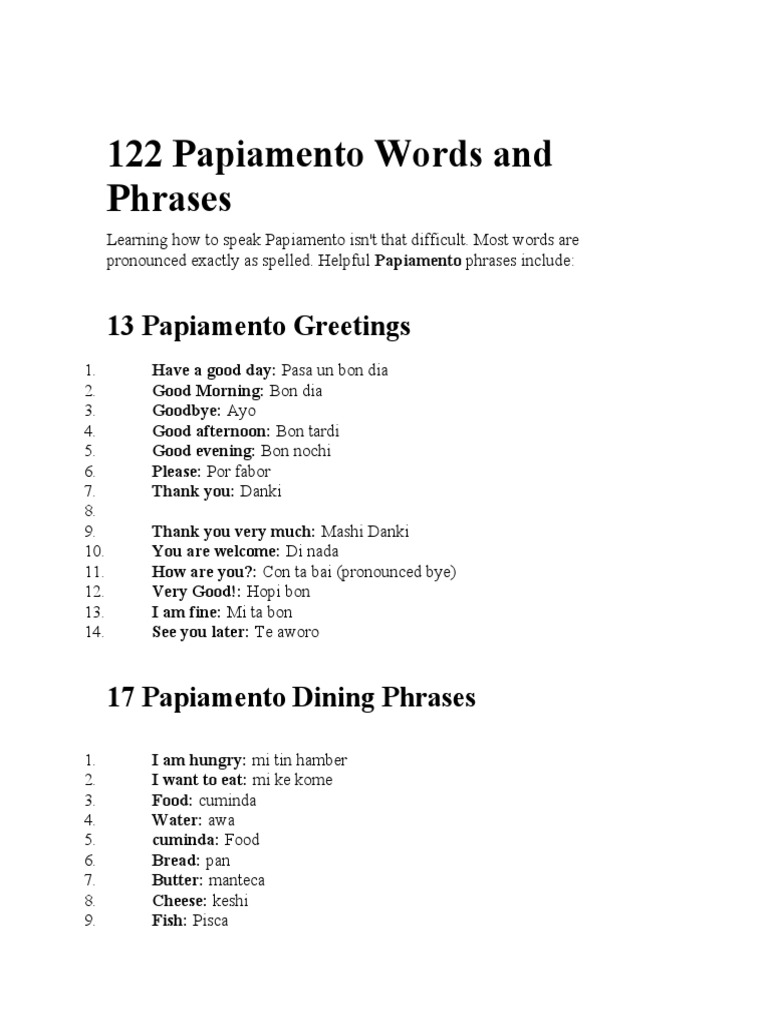 122 Papiamento Words and Phrases | PDF | Food And Drink | Foods