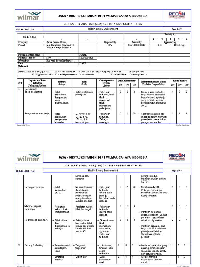 JSA Hot Work in Confined Spaces | PDF