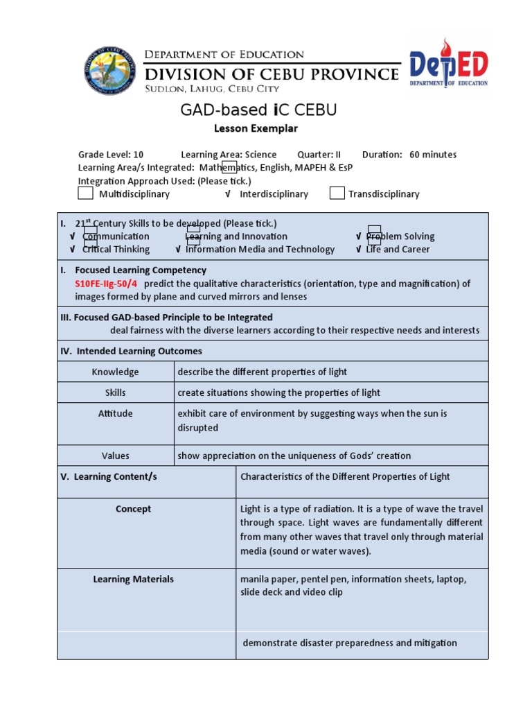 Final Lesson Exemplar in Science 10 | PDF | Light | Refraction
