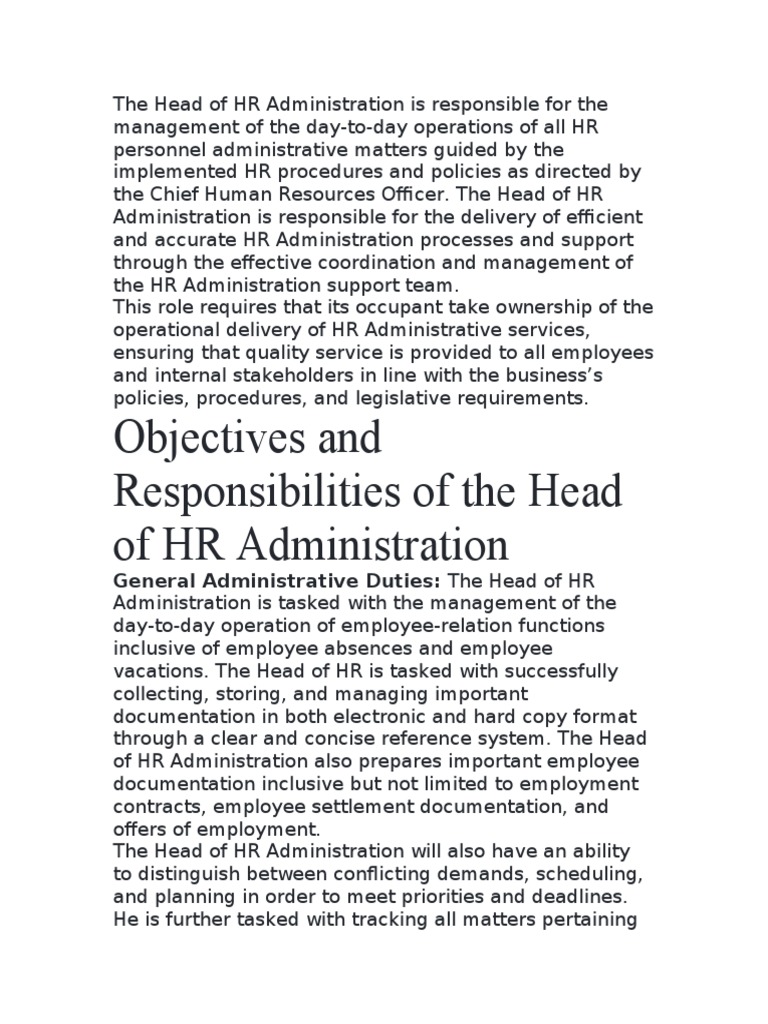 HR Admin Head Job Description | PDF | Human Resources | Recruitment