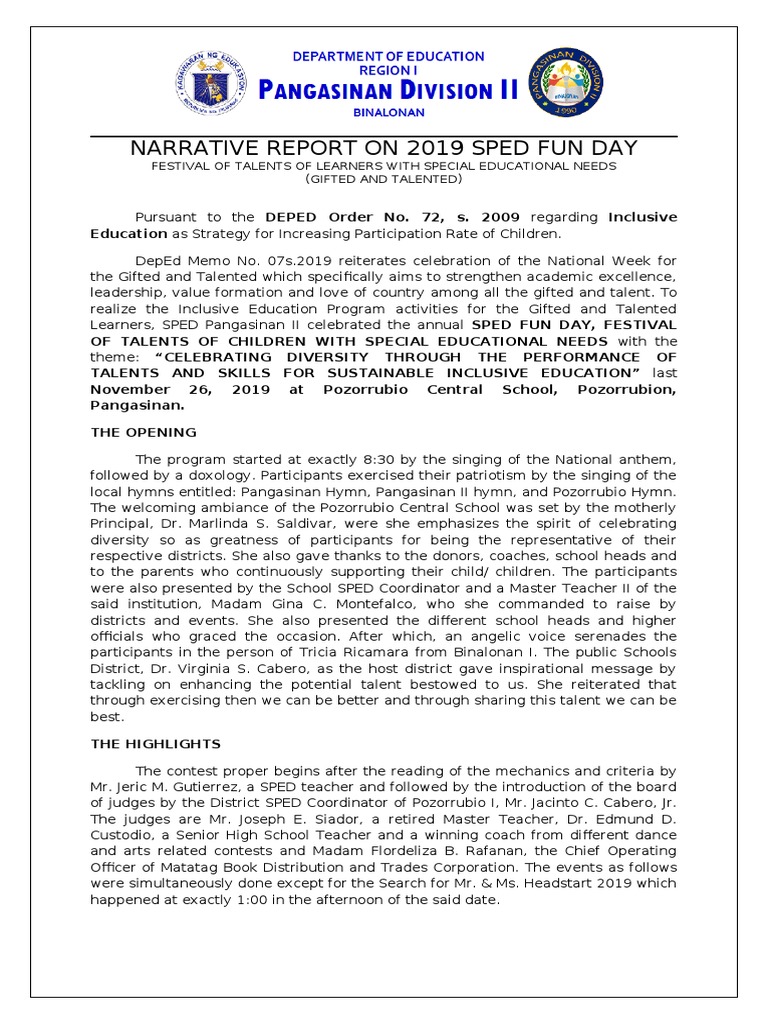2019 SPED Fun Day Narrative Report | PDF | Teaching | Behavior Modification