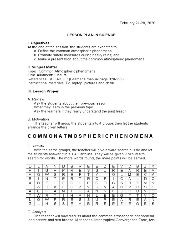 Common Atmospheric Phenomena Lesson Plan | PDF | Monsoon | Lesson Plan