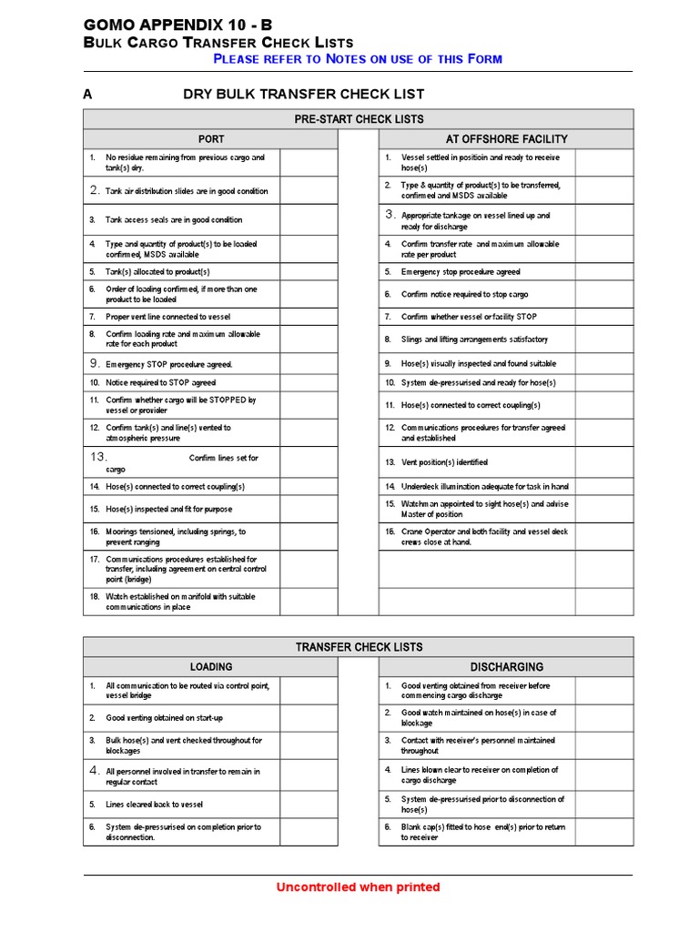 GOMO APPENDIX 10 - B BULK CARGO TRANSFER CHECKLISTS | PDF | Cargo | Nature