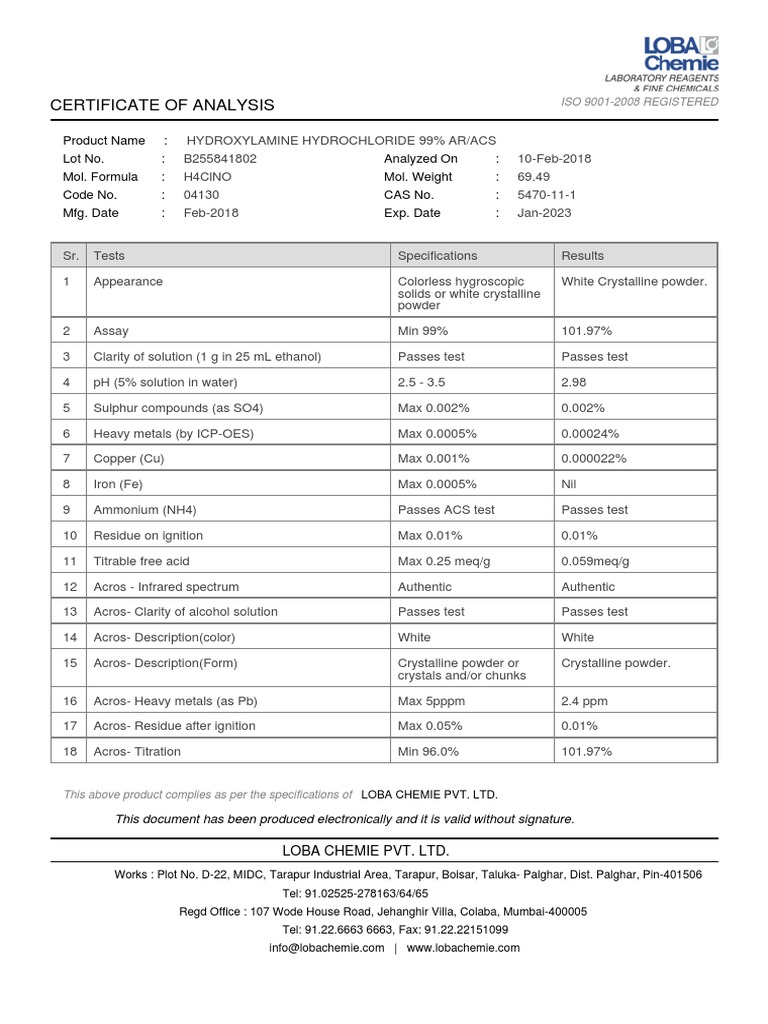 Hydroxylamine HCl COA - Loba Chemie | PDF | Sets Of Chemical Elements ...