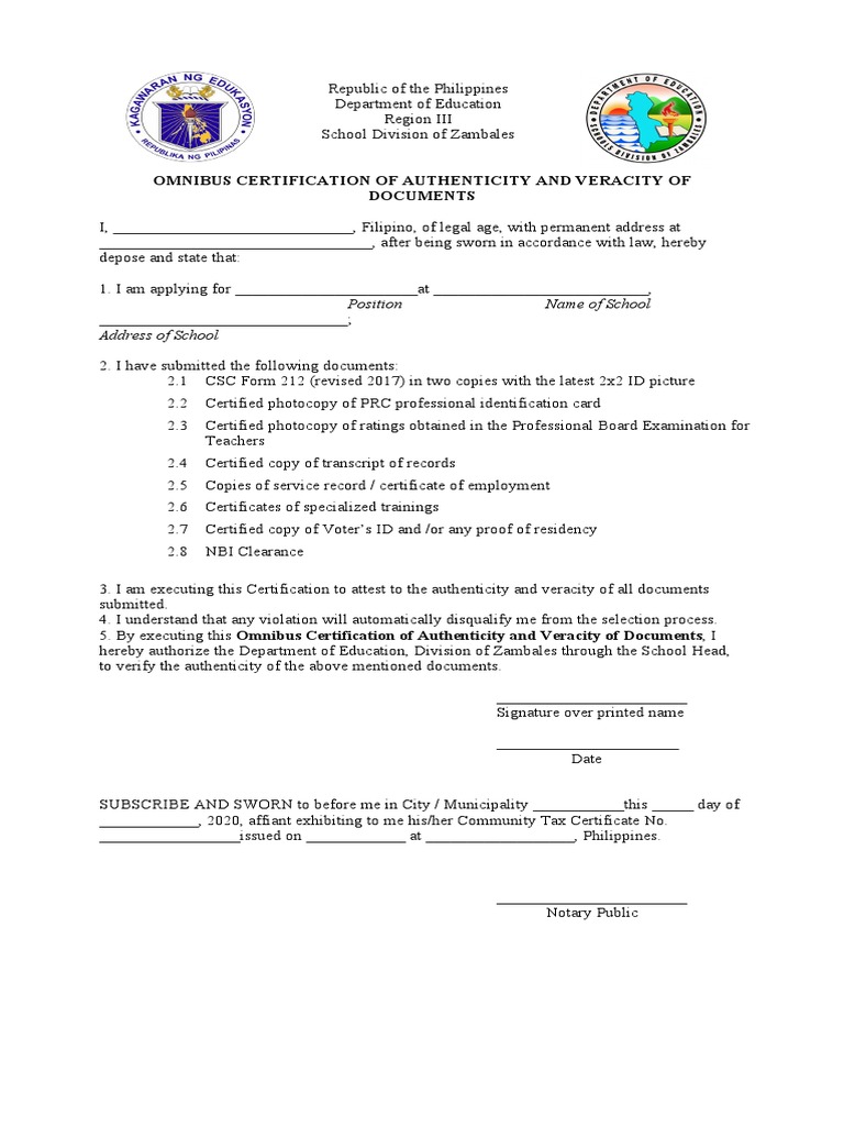 Omnibus Certification of Authenticity and Veracity of Documents 2 | PDF ...