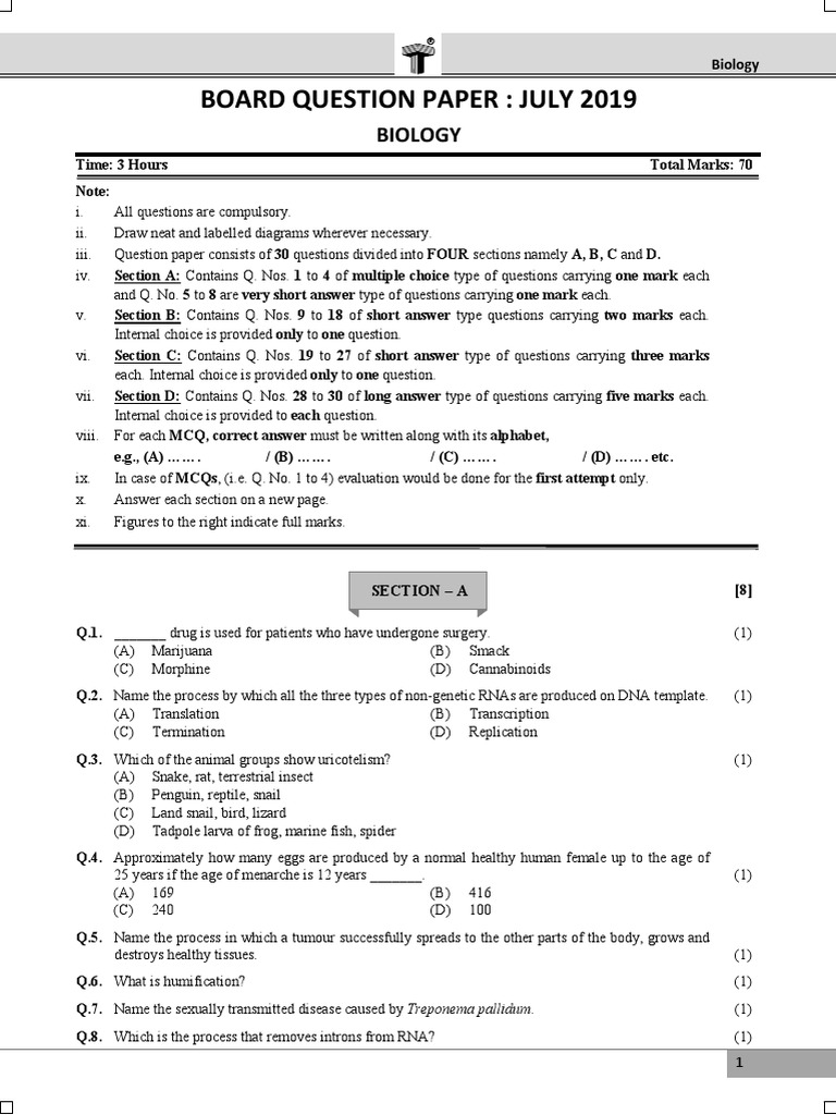 Biology July 2019 STD 12th Science HSC Maharashtra Board Question Paper ...