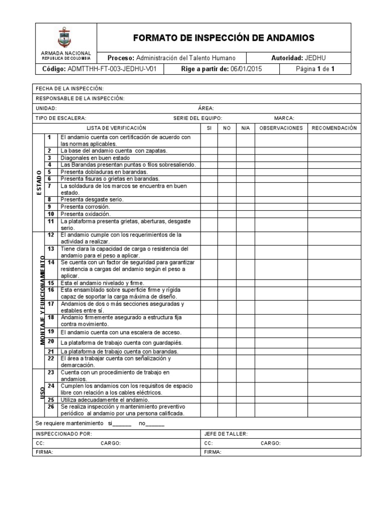 Formato de Inspeccion de Andamios ADMTTHH-FT-003-JEDHU-V01 | PDF | Andamio