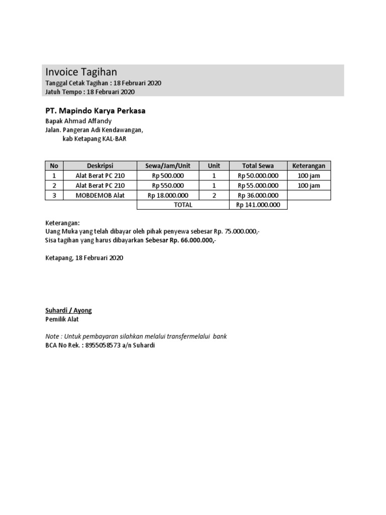 Invoice Sewa Alat Berat 2020 | PDF
