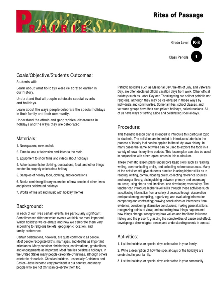 Rites of Passage | PDF | Holidays | Lesson Plan