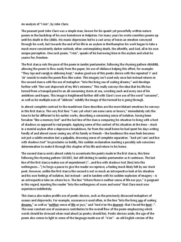 An Analysis of I Am by John Clare | PDF | Poetic Form | Poetry
