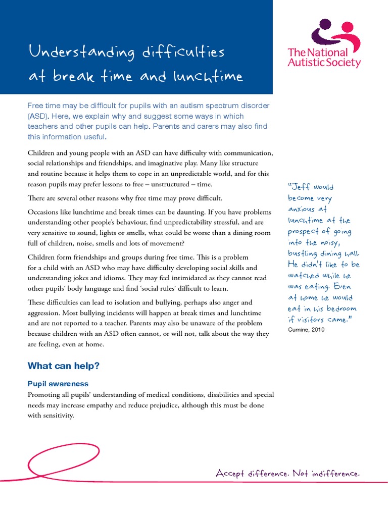 Difficulties at Break Time and Lunchtime | PDF | Autism Spectrum ...