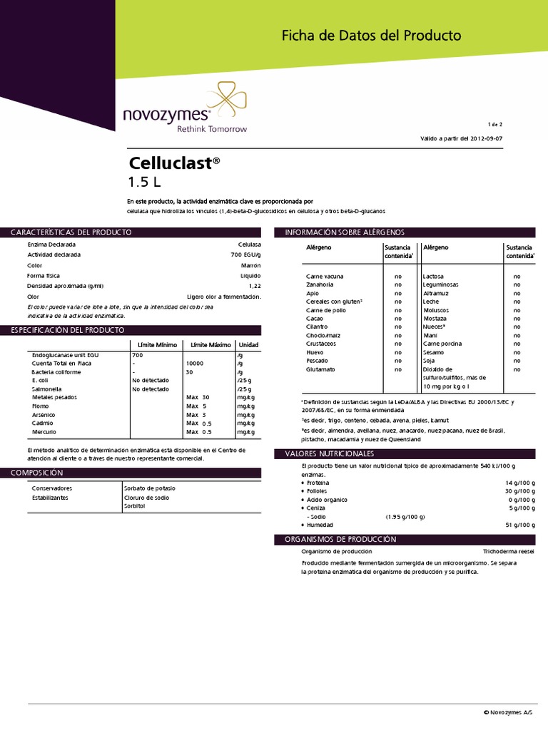 Ficha Tecnica Celluclast 1,5 L | PDF | Análisis de Riesgo y Puntos ...