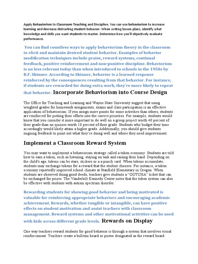 Apply Behaviorism To Classroom Teaching and Discipline | PDF ...