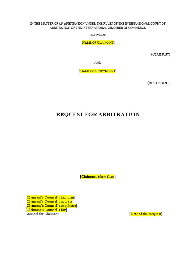 Model ICC Request For Arbitration | PDF | Arbitration | Arbitral Tribunal