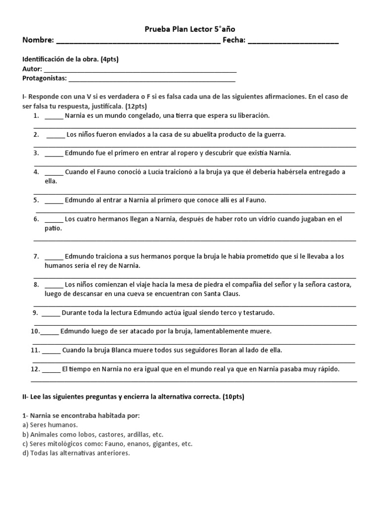 Prueba Plan Lector 5. Las Cronicas de Narnia | PDF | Las cronicas de Narnia | Ocio