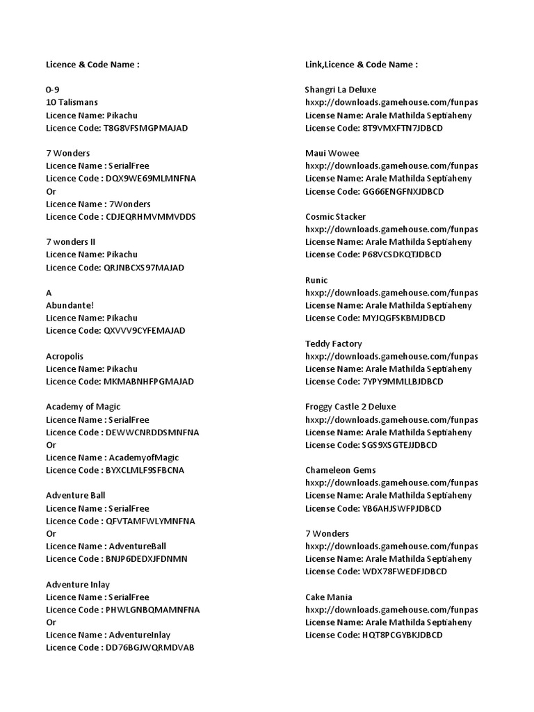 Gamehouse License Names and Codes | PDF | Leisure
