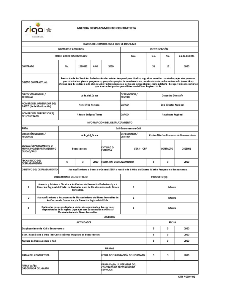 GTH-F-090 Formato Agenda Desplazamiento Contratista V02 | PDF | Gobierno | Business