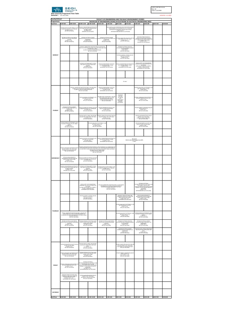 SEGi University BEE Timetable 2020 | PDF | Electrical Engineering ...