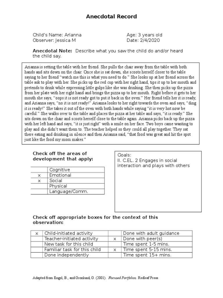 Anecdotal Record One For Arianna 1 Social Emotional | PDF | Cognition ...