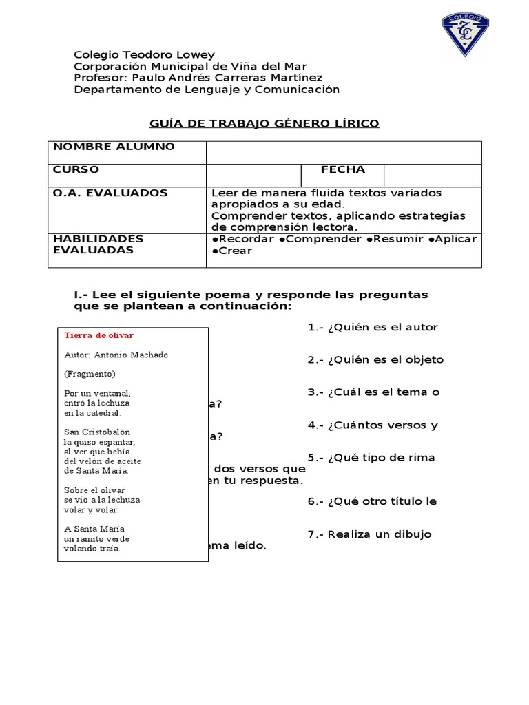 Guía de Trabajo: Género Lírico Escolar | PDF