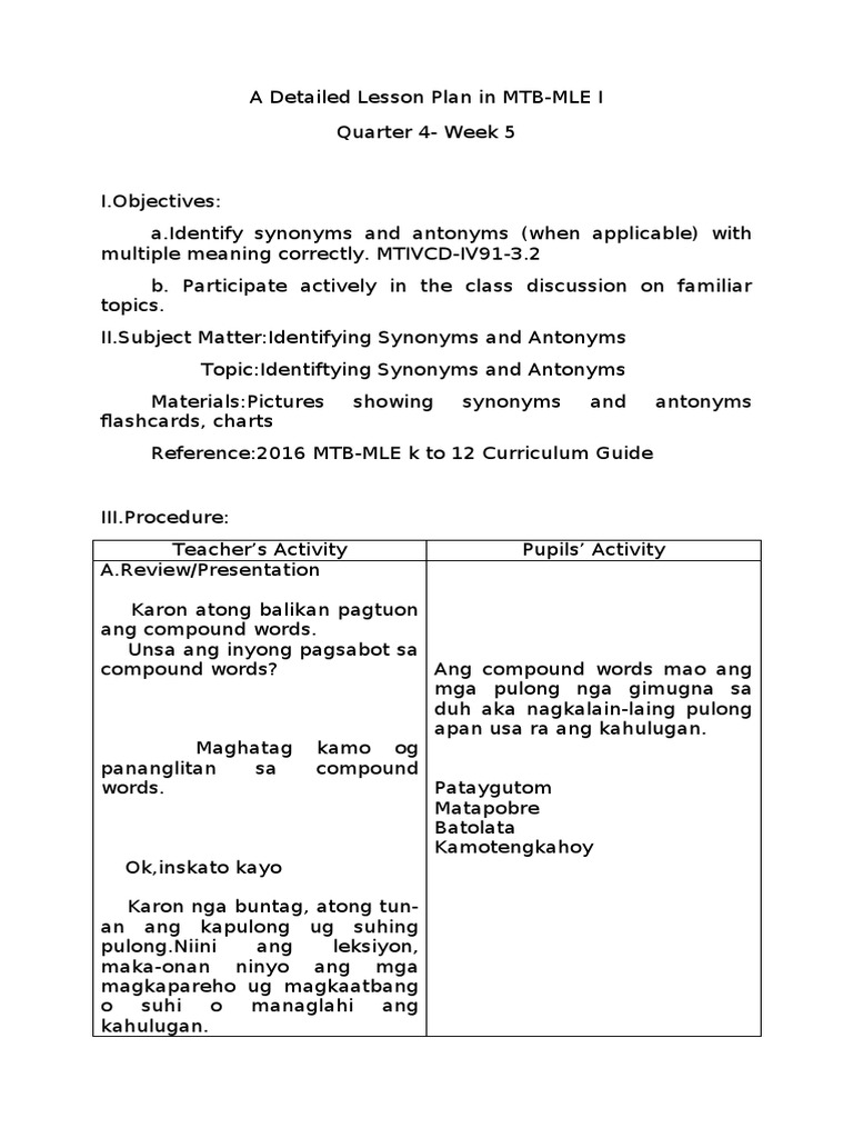 A Detailed Leeson Plan in MTB | PDF
