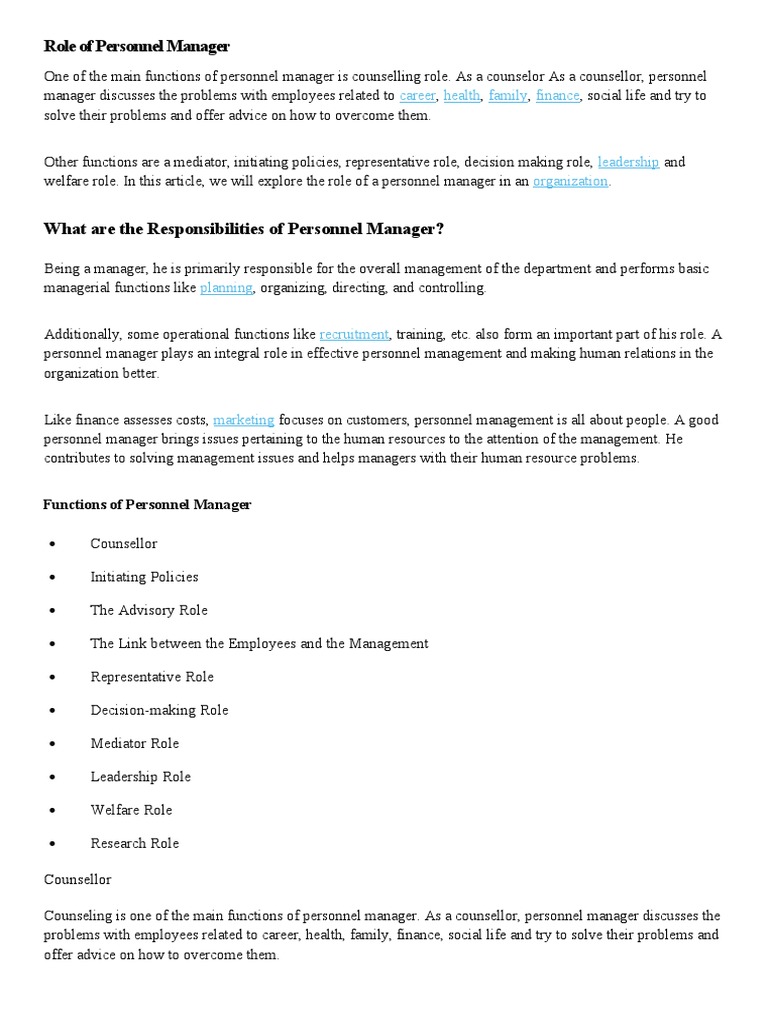 Role of Personnel Manager | PDF | Human Resource Management | Employment
