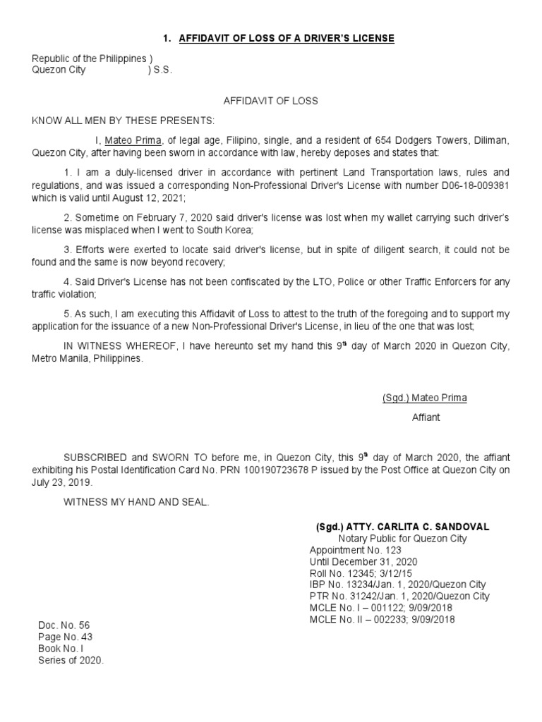 Affidavit of Loss of A Driver's License | PDF | Affidavit | Document