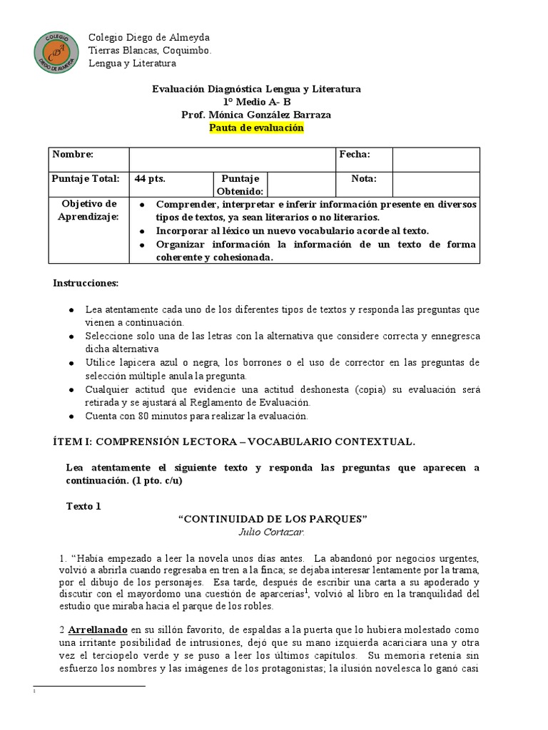 Prueba Diagnostica Lenguaje 1M | PDF | Perú | Virus