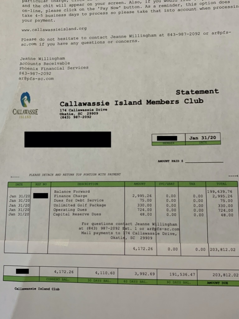 Example of Callawassie Island Membership Club Bill | PDF