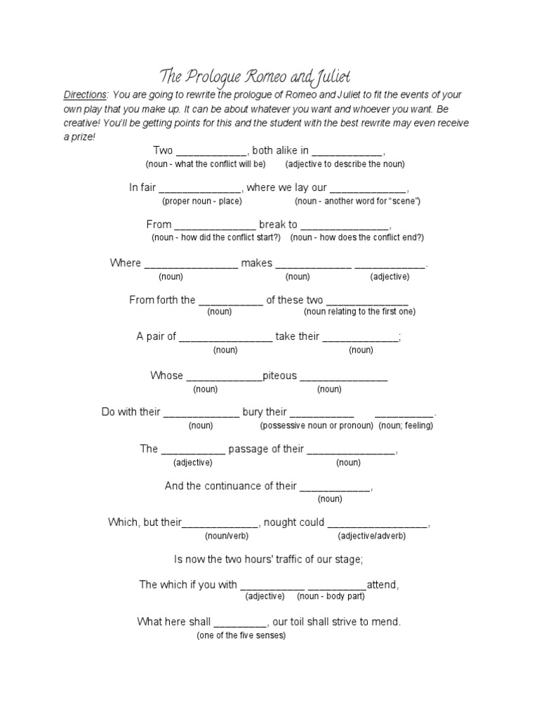 Romeoand Juliet Prologue Rewrite Activity | PDF | Noun | Adjective