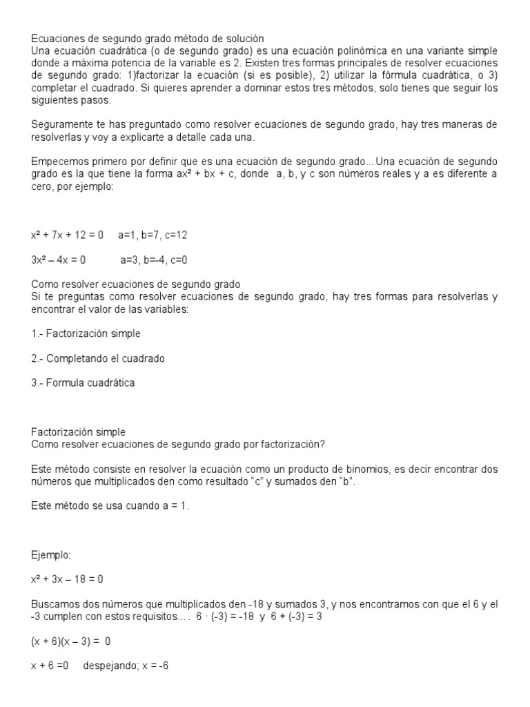 Ecuaciones de Segundo Grado Método de Solución | PDF | Factorización ...