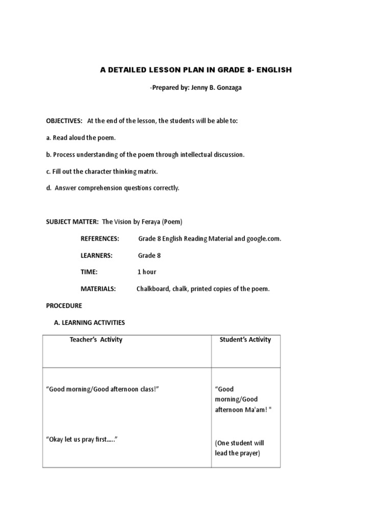 Grade 8 English Lesson on the Poem 'Vision' by Feraya | PDF | Lesson ...