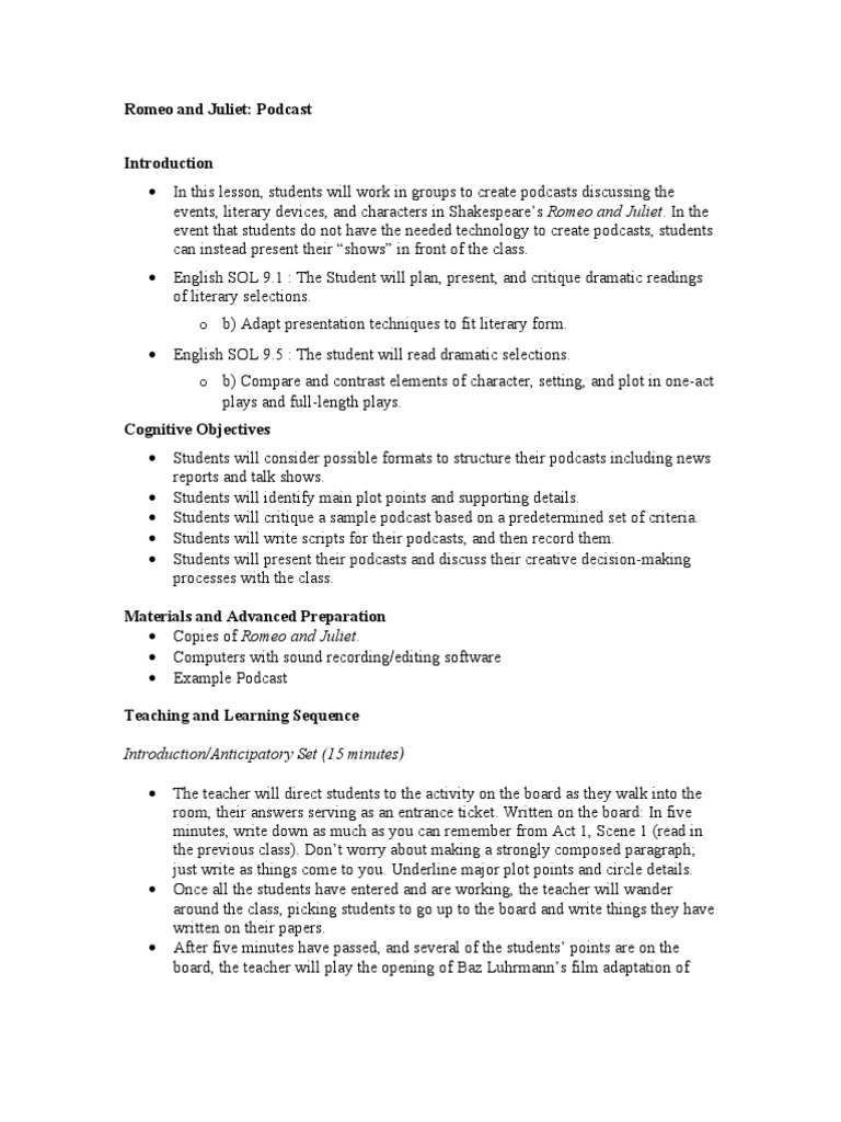 Romeo and Juliet Podcast Lesson Plan | PDF | Rubric (Academic) | Romeo ...